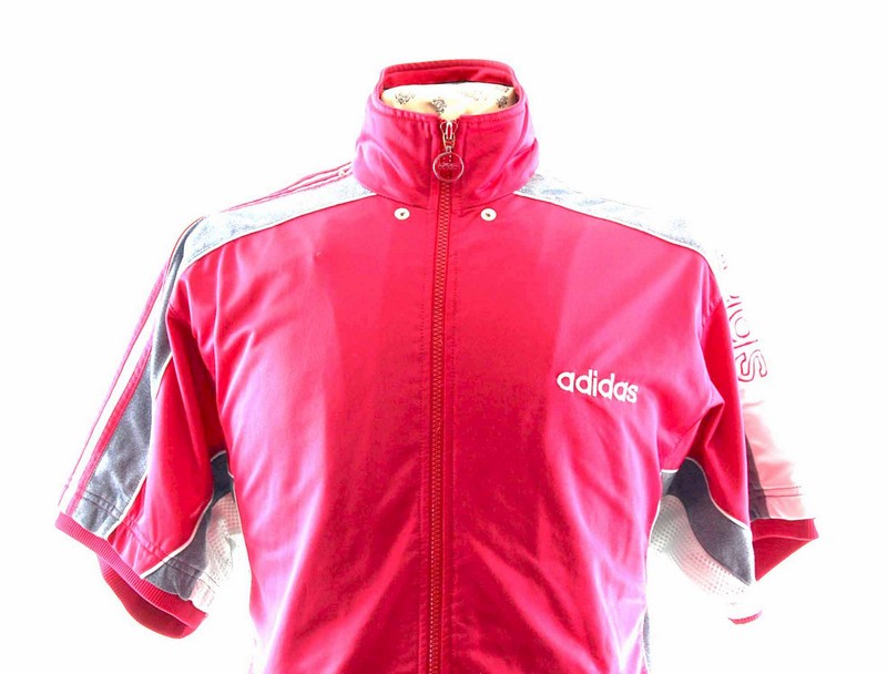 90s Red Adidas Top with Grey and white stripes - Blue 17 Vintage Clothing