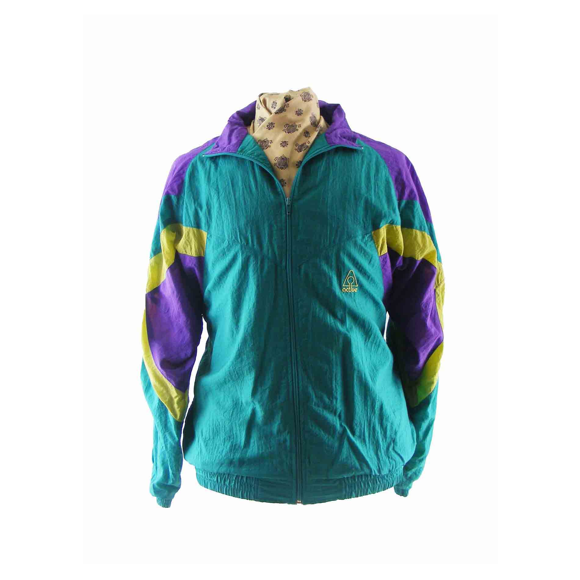 80s Green purple & Yellow Shell Suit Top - XXL - Blue 17 Vintage Clothing