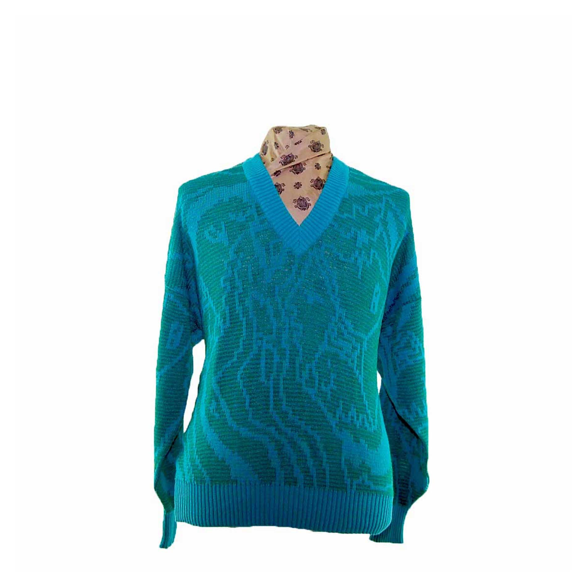 Mens Green And Turquoise V Neck Sweater - Blue 17 Vintage Clothing
