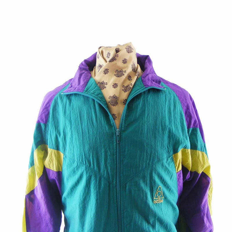80s Green purple & Yellow Shell Suit Top - XXL - Blue 17 Vintage Clothing