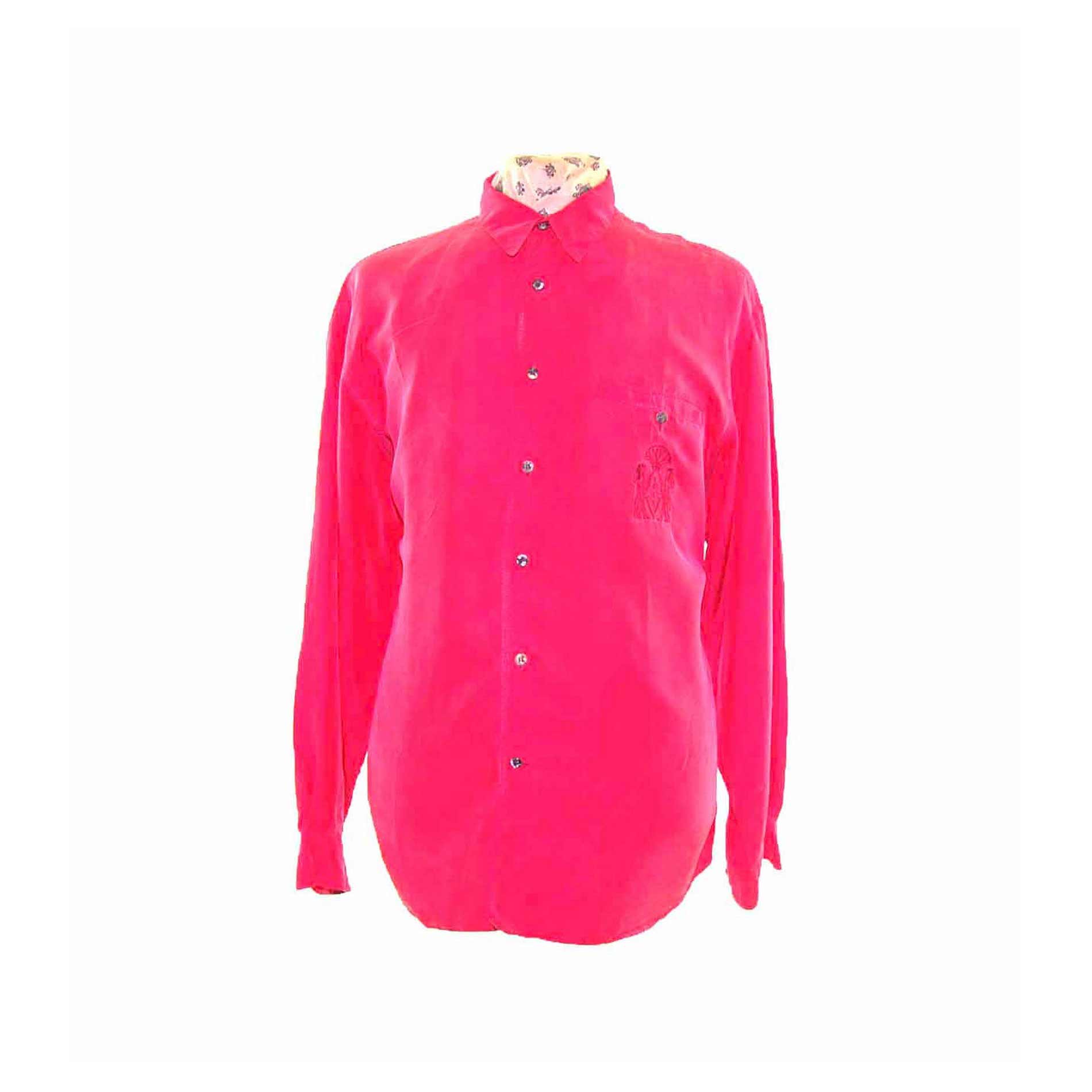 90s Bright Red Long Sleeve Silk Shirt - Blue 17 Vintage Clothing