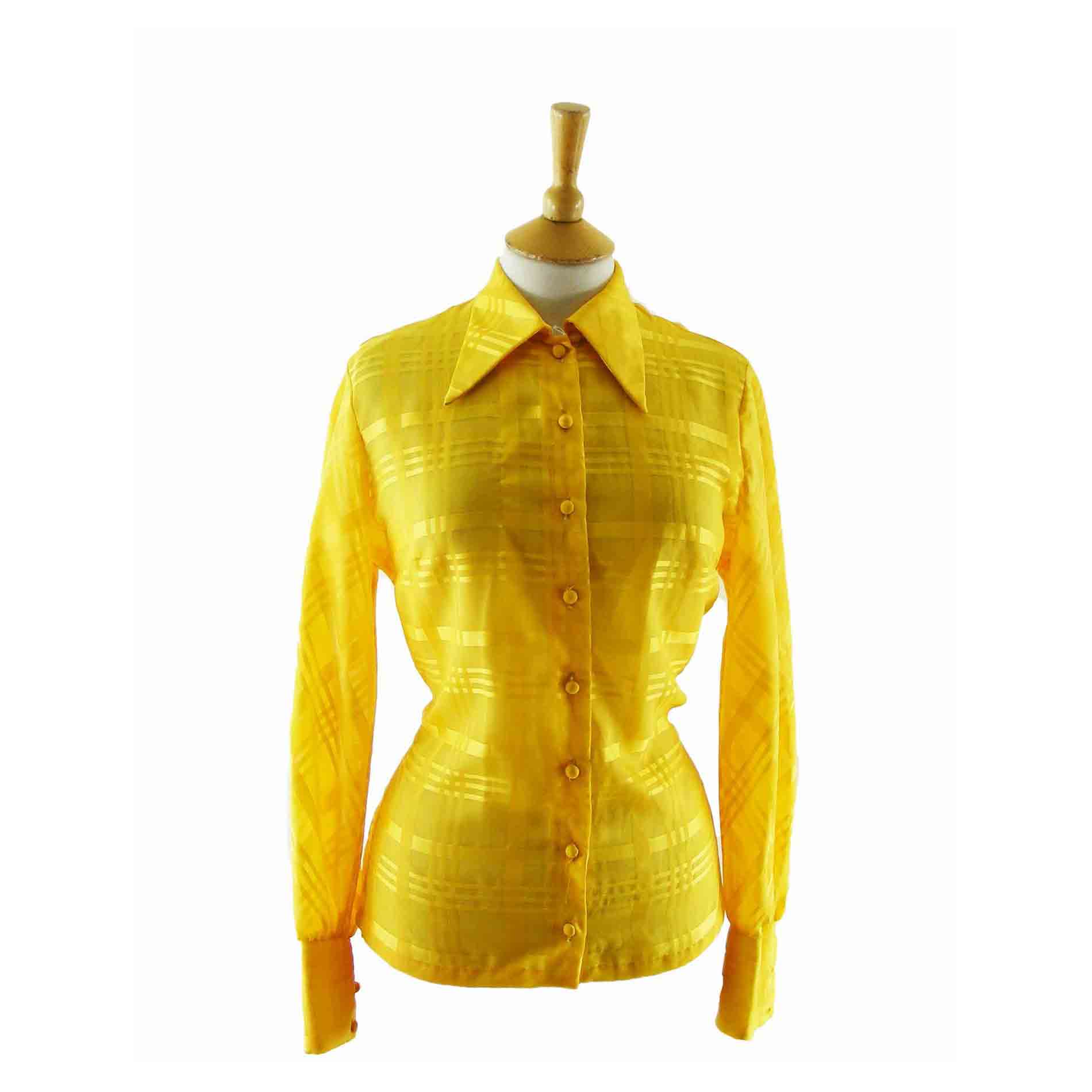 Snazzy 70s Cris Cross Print Yellow Blouse - Blue 17 Vintage Clothing