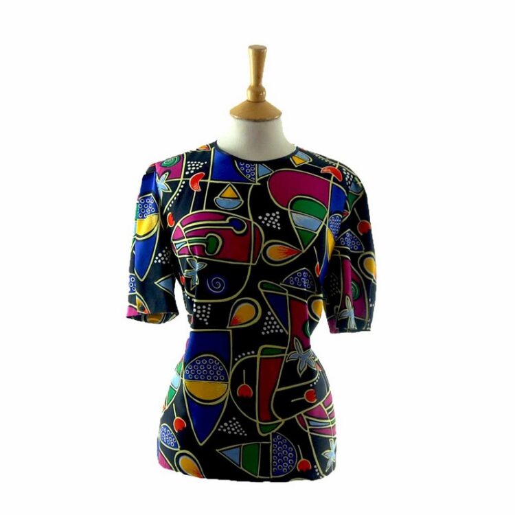 90s Picasso Print Blouse - UK 12 - Blue 17 Vintage Clothing