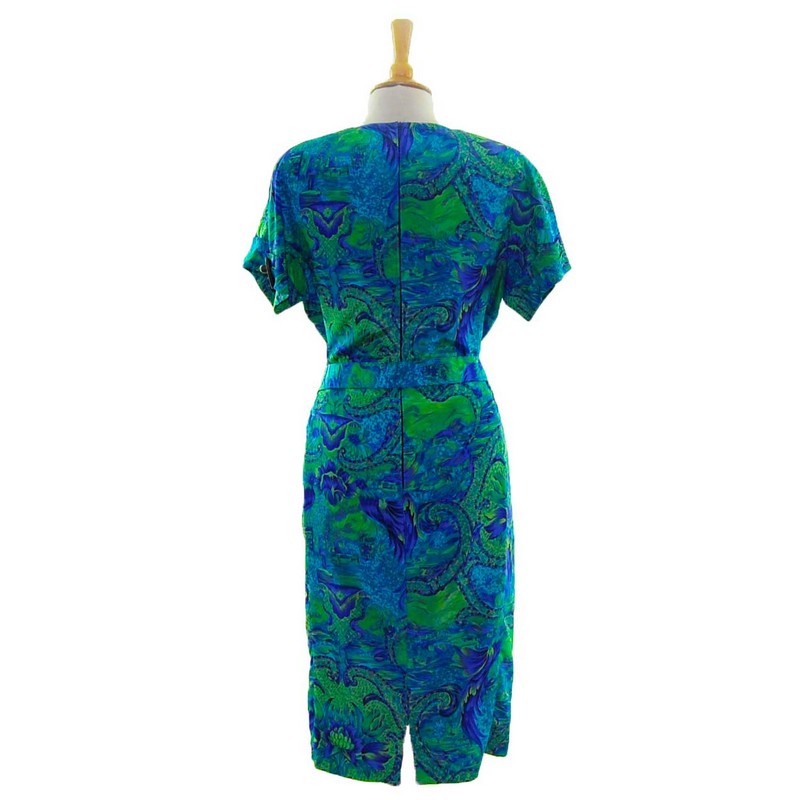 80s Blue Abstract Dress - UK Size 12 - Blue 17 Vintage Clothing