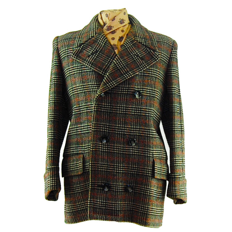 Mens Double Breasted Checkered Pea Coat - L - Blue 17 Vintage Clothing