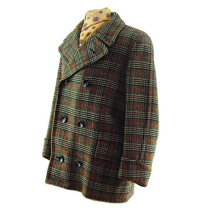Mens Double Breasted Checkered Pea Coat - L - Blue 17 Vintage Clothing