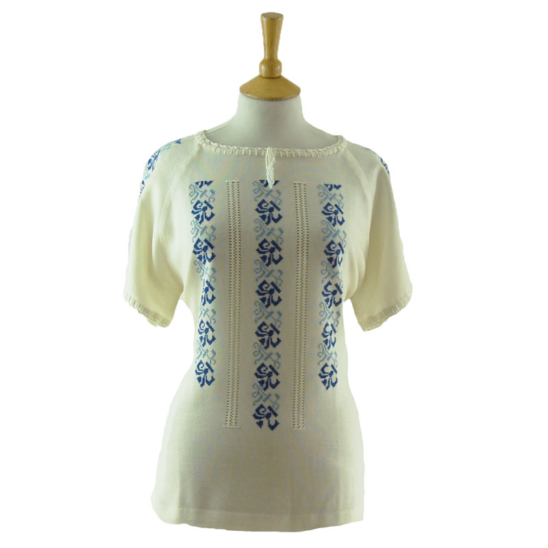 70s White Cotton Gypsy Blouse - UK 14 - Blue 17 Vintage Clothing