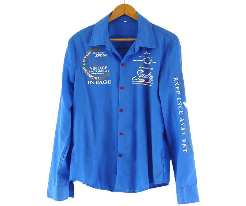 Work Shirt with Logos - UK Size L - Blue 17 Vintage Clothing
