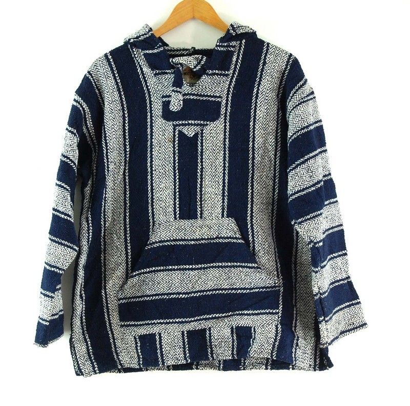 White And Blue Baja Hoodie - UK Size L - Blue 17 Vintage Clothing