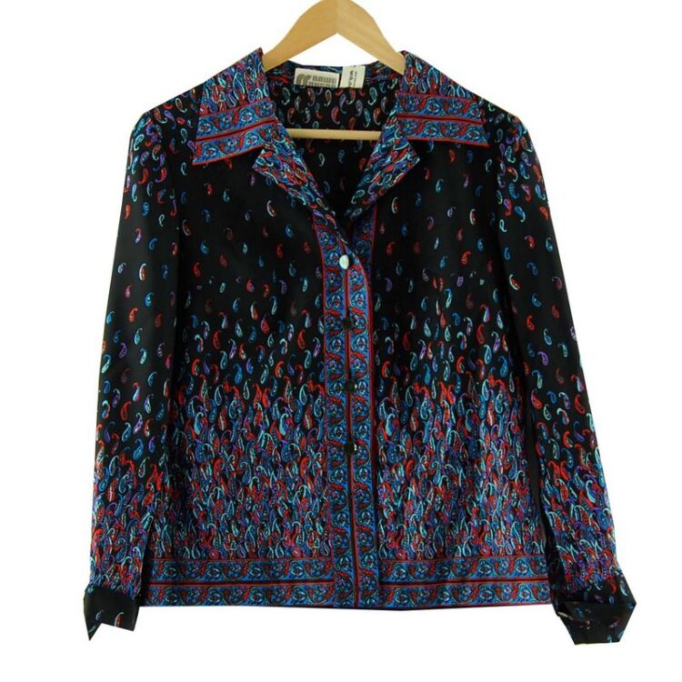 70s Black Paisley Pattern Top - UK 10 - Blue 17 Vintage Clothing